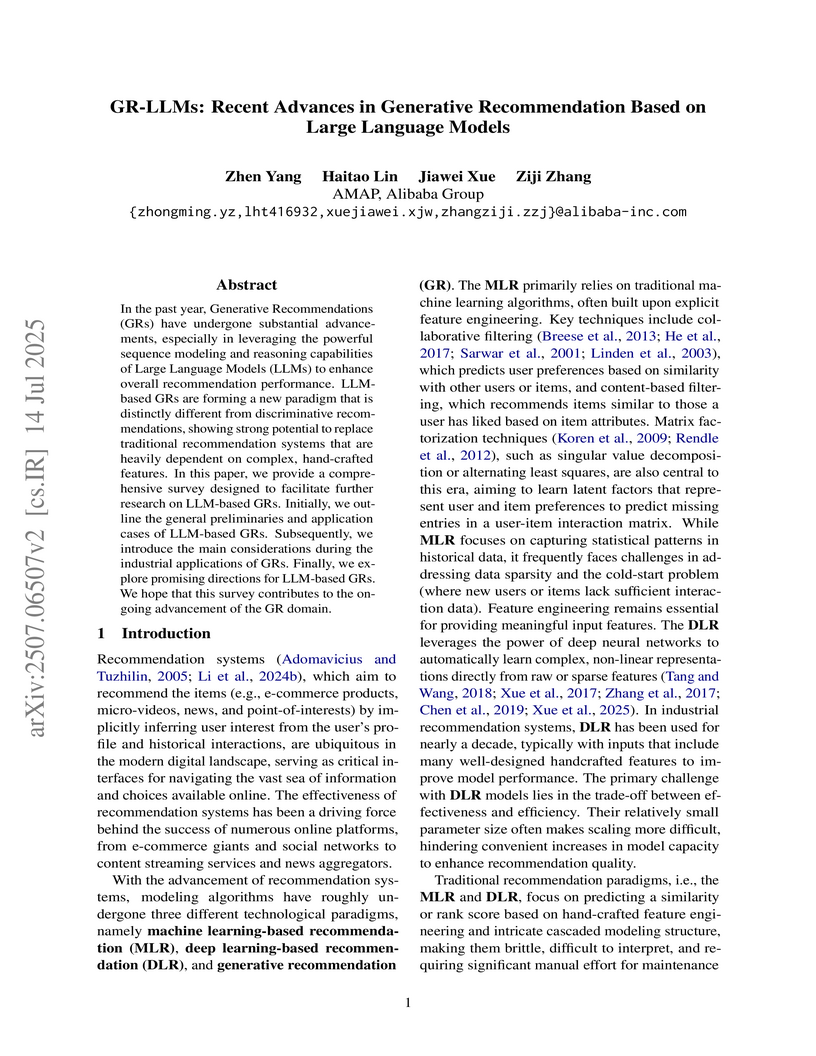 GR-LLMs: Recent Advances in Generative Recommendation Based on Large Language Models | alphaXiv