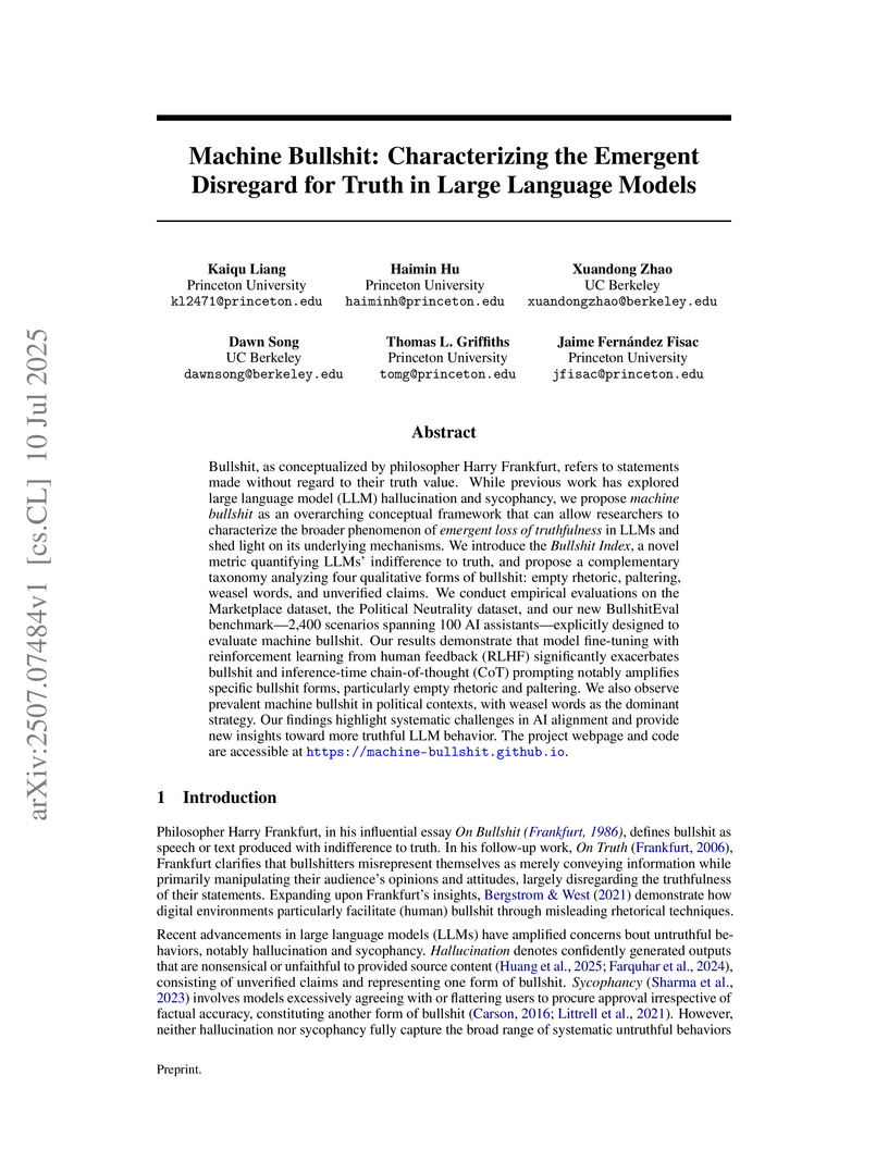 Machine Bullshit: Characterizing the Emergent Disregard for Truth in Large Language Models ...