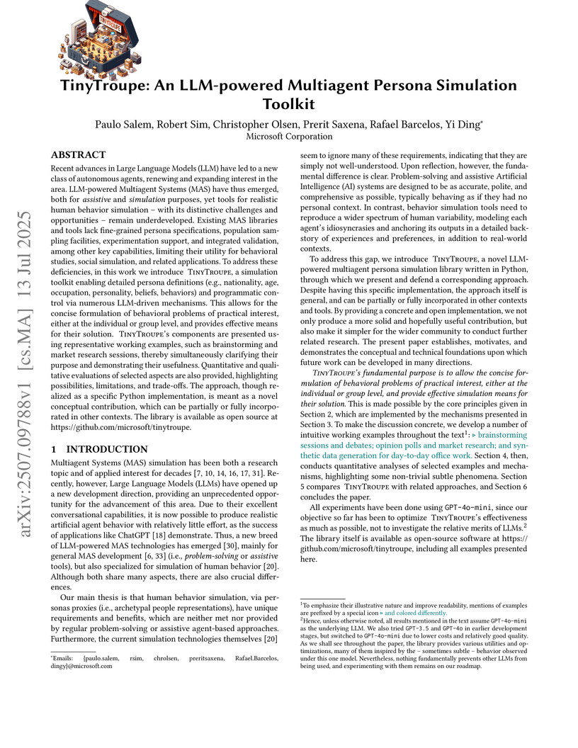 TinyTroupe: An LLM-powered Multiagent Persona Simulation Toolkit | alphaXiv