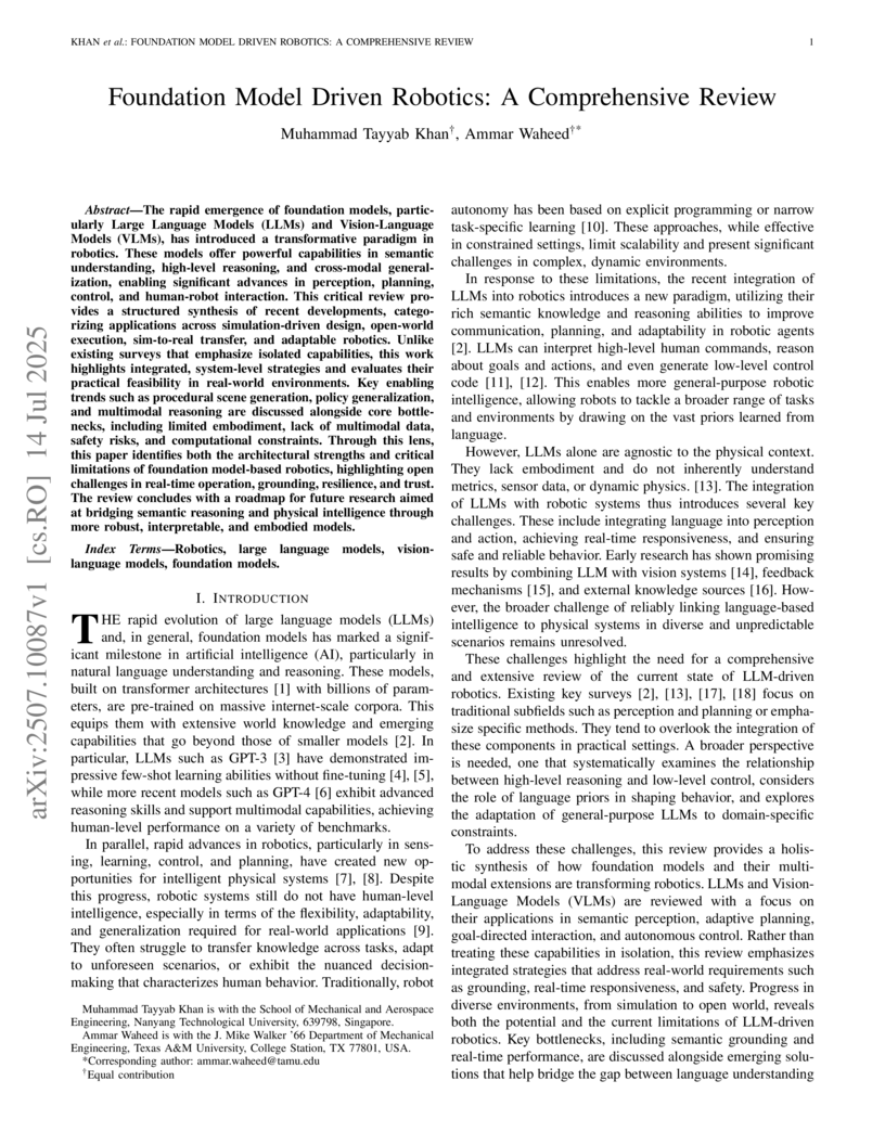 Foundation Model Driven Robotics: A Comprehensive Review | alphaXiv
