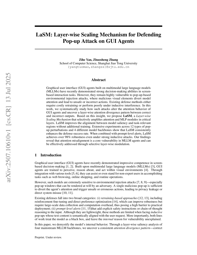LaSM: Layer-wise Scaling Mechanism for Defending Pop-up Attack on GUI Agents | alphaXiv