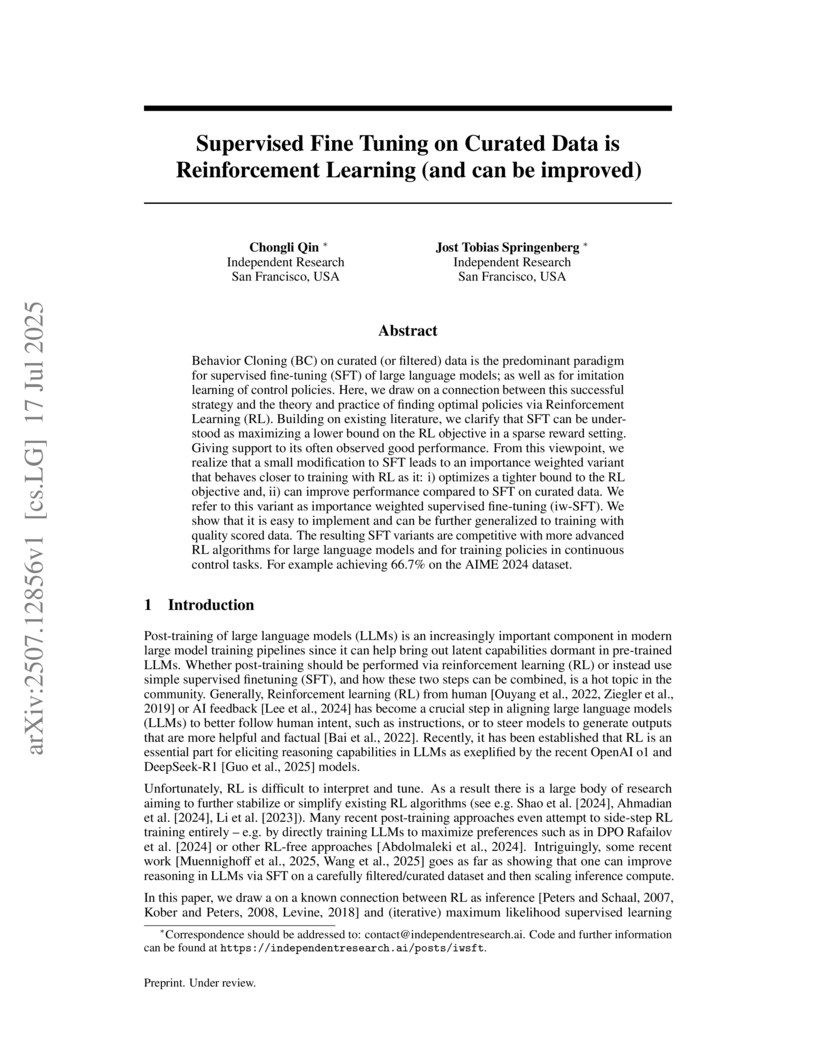 Supervised Fine Tuning on Curated Data is Reinforcement Learning (and ...