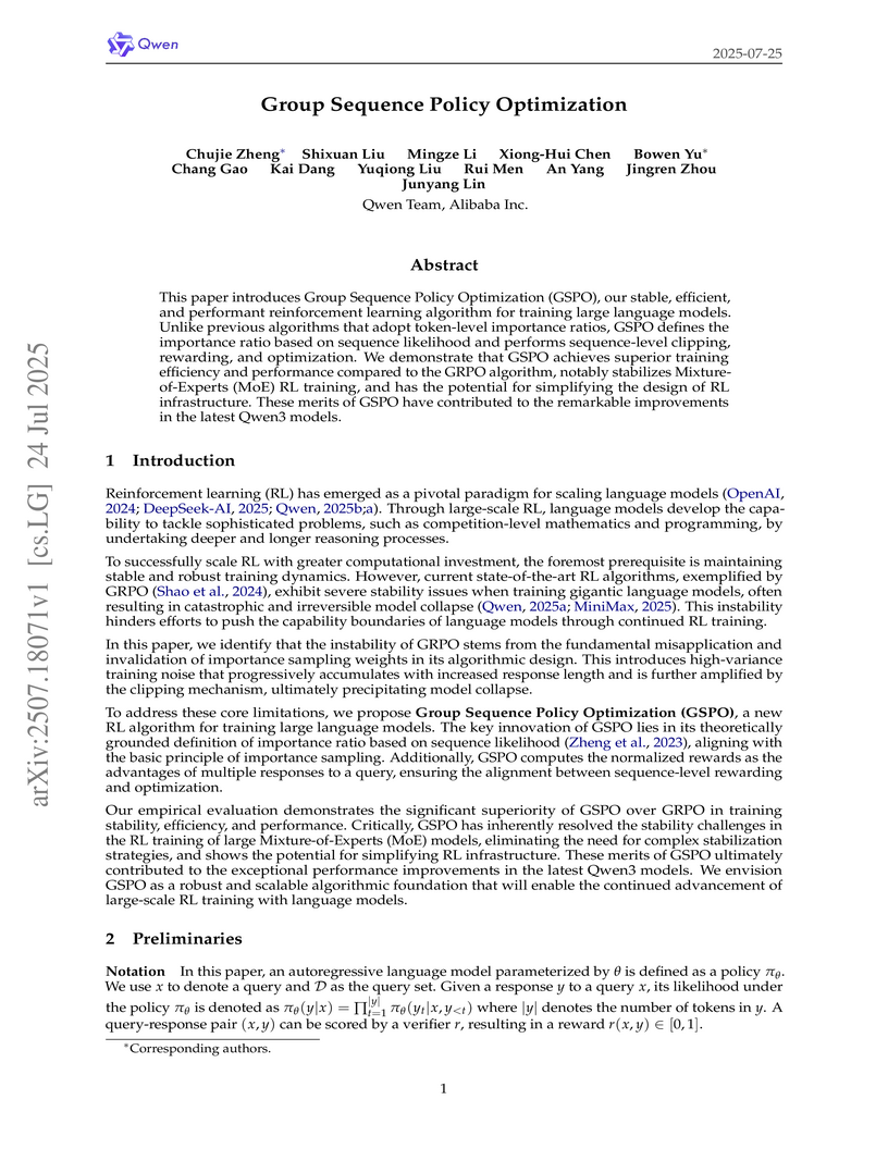 Group Sequence Policy Optimization | alphaXiv