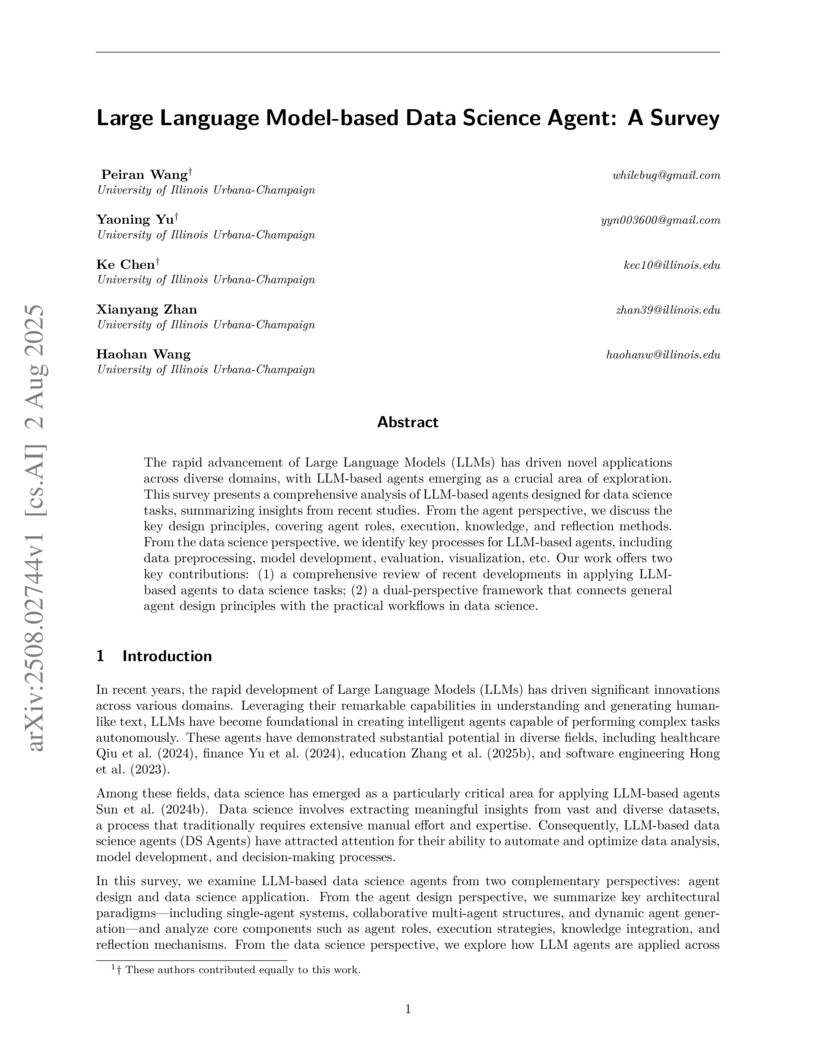 Large Language Model-based Data Science Agent: A Survey | alphaXiv