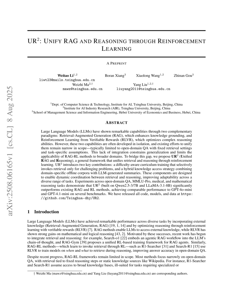 UR$^2$: Unify RAG and Reasoning through Reinforcement Learning | alphaXiv