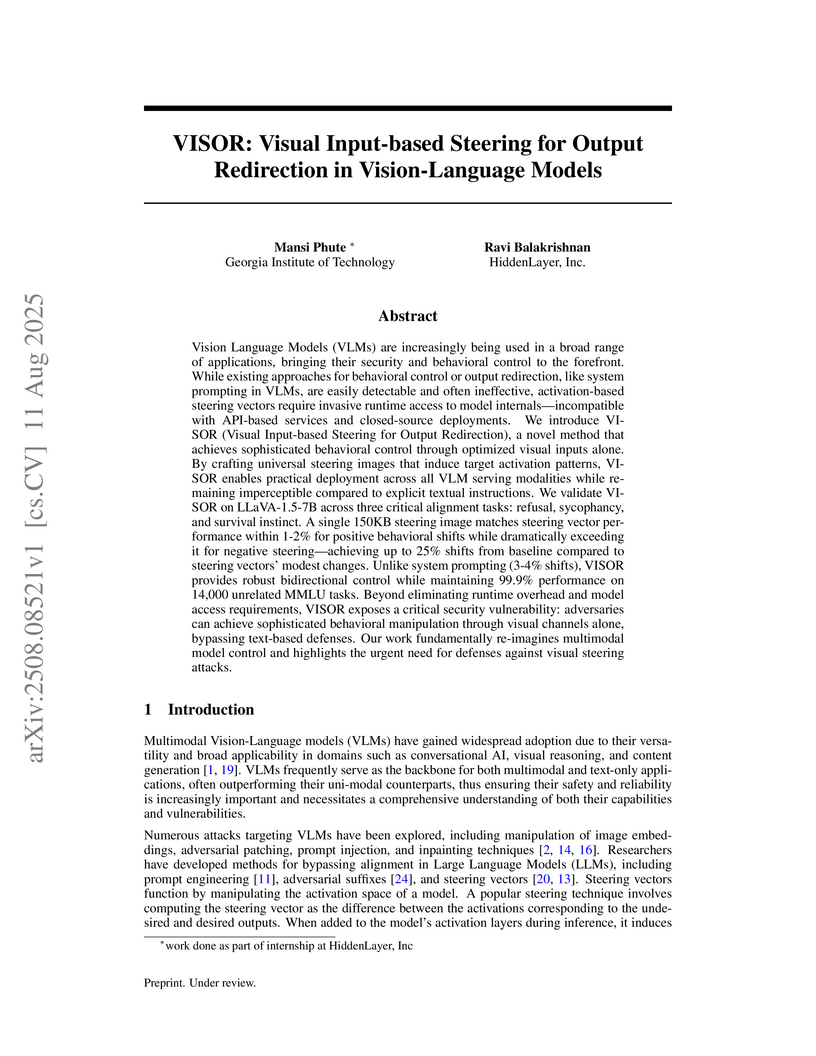 VISOR: Visual Input-based Steering for Output Redirection in Vision-Language Models | alphaXiv