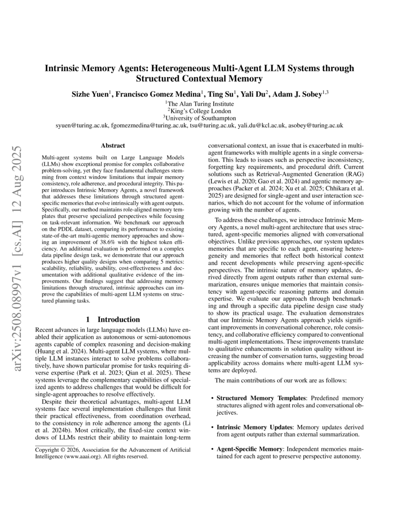 Intrinsic Memory Agents: Heterogeneous Multi-Agent LLM Systems through Structured Contextual ...