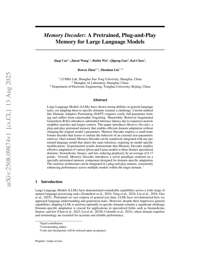 Memory Decoder: A Pretrained, Plug-and-Play Memory for Large Language Models | alphaXiv