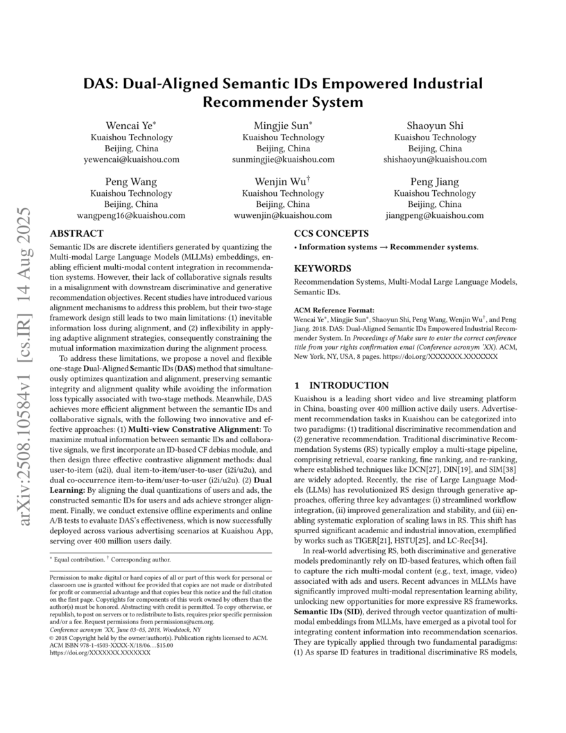 DAS: Dual-Aligned Semantic IDs Empowered Industrial Recommender System | alphaXiv