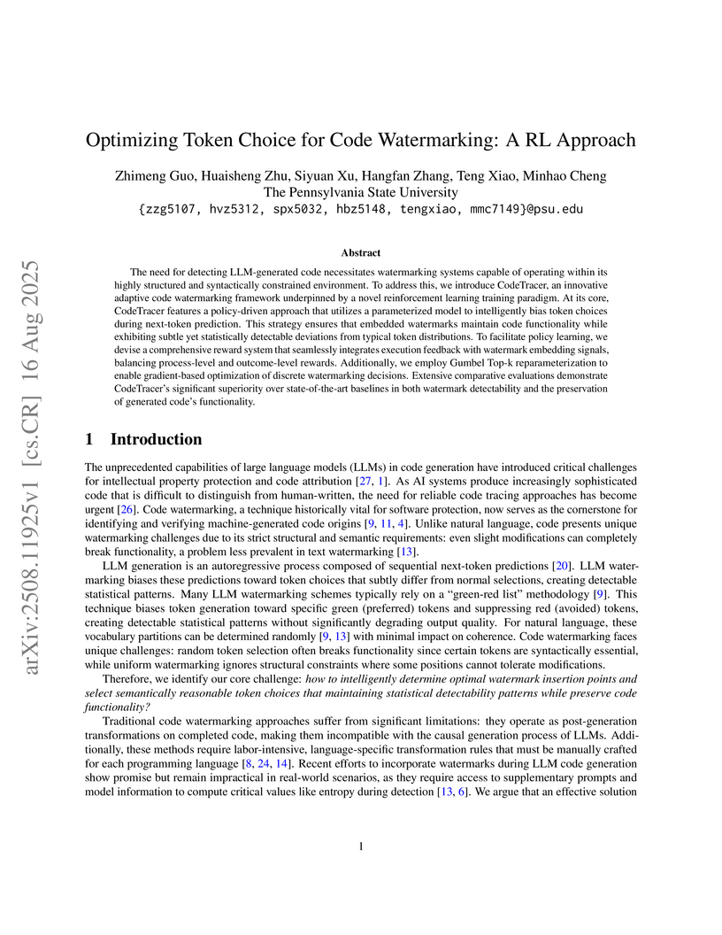 Optimizing Token Choice for Code Watermarking: A RL Approach | alphaXiv