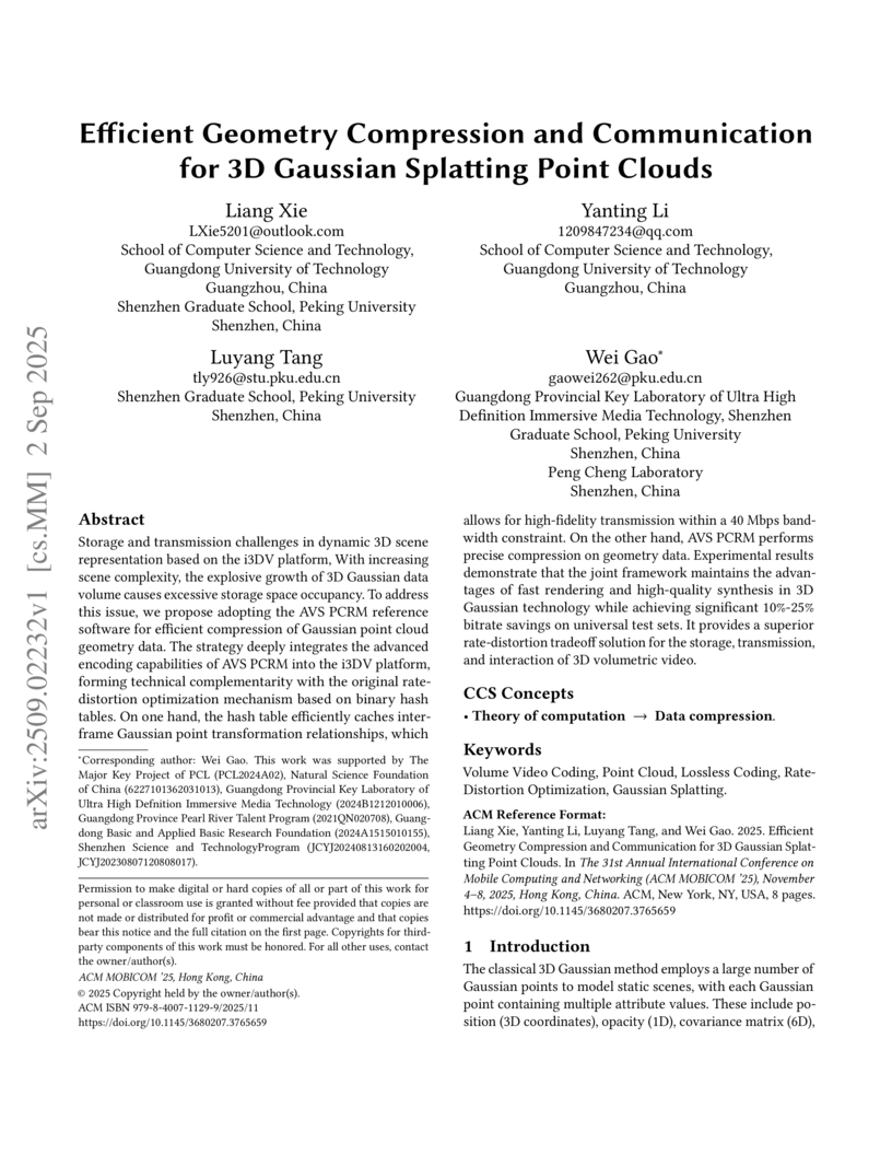 Efficient Geometry Compression and Communication for 3D Gaussian Splatting Point Clouds | alphaXiv