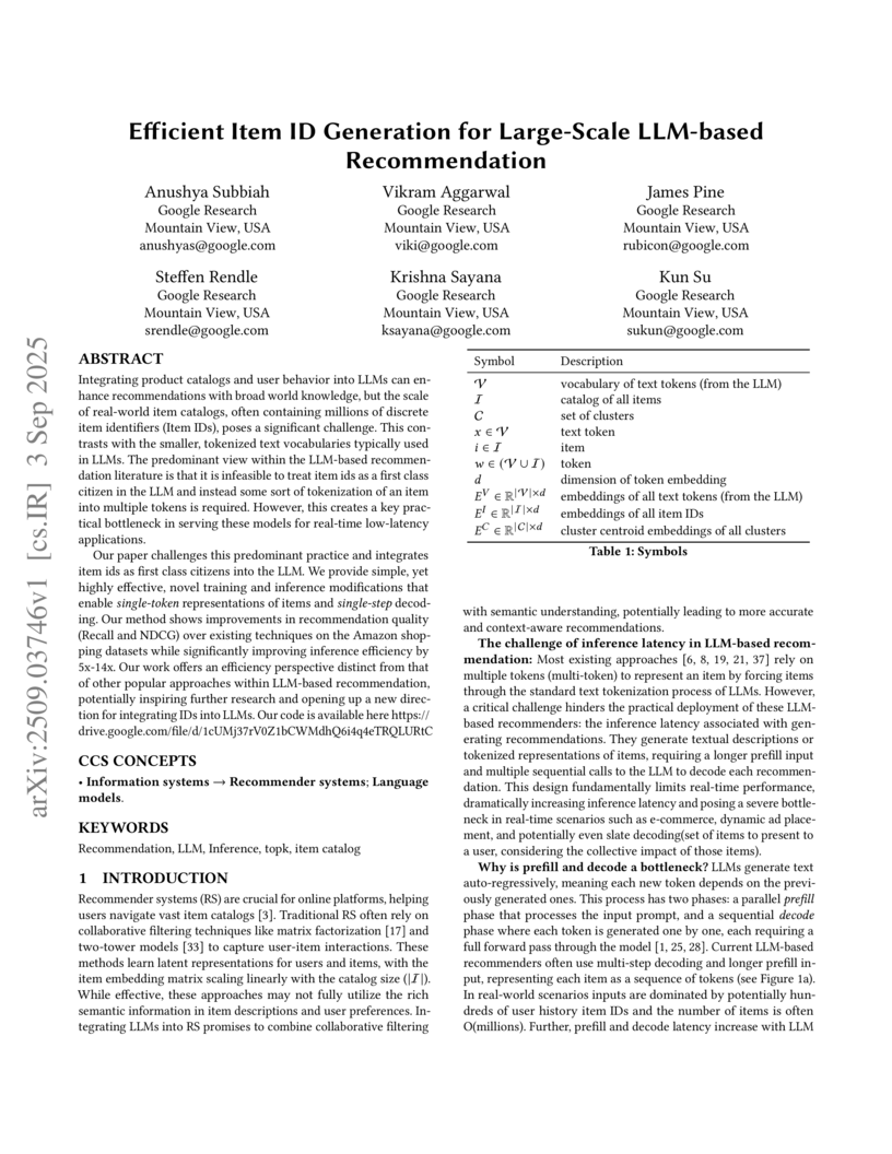 Efficient Item ID Generation for Large-Scale LLM-based Recommendation | alphaXiv