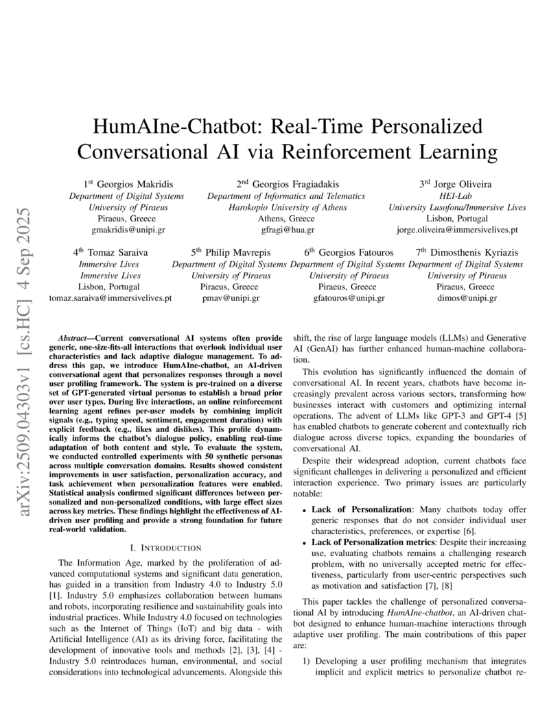 HumAIne-Chatbot: Real-Time Personalized Conversational AI via Reinforcement Learning | alphaXiv