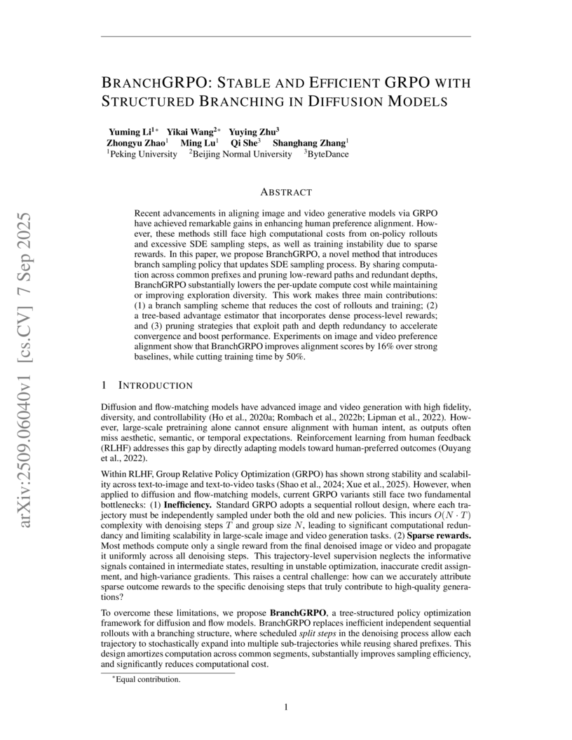 BranchGRPO: Stable and Efficient GRPO with Structured Branching in Diffusion Models | alphaXiv