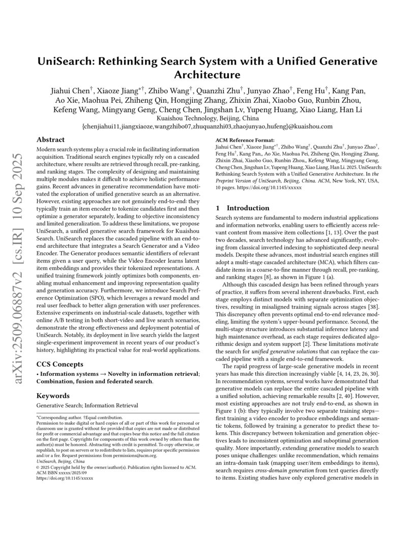 UniSearch: Rethinking Search System with a Unified Generative Architecture | alphaXiv