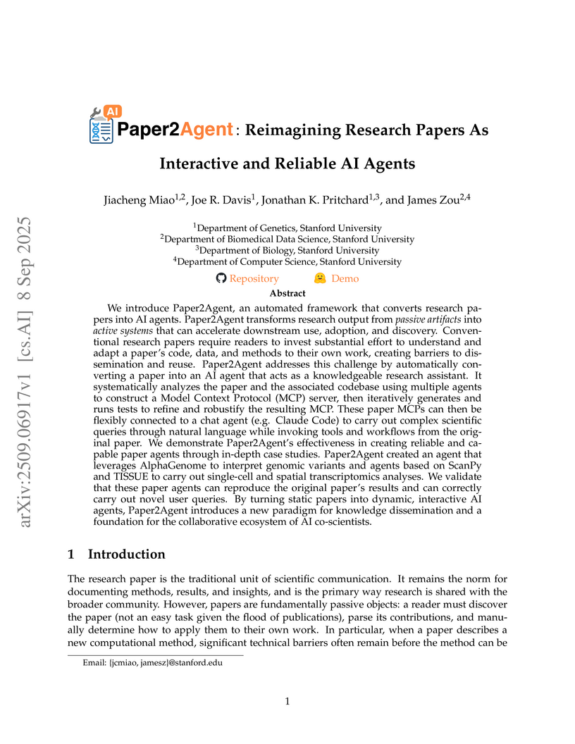 Paper2Agent: Reimagining Research Papers As Interactive and Reliable AI Agents | alphaXiv