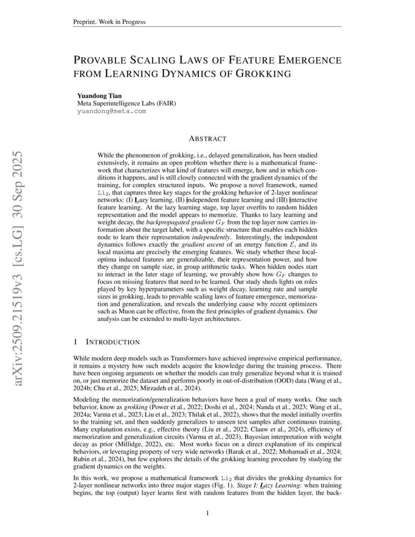 Provable Scaling Laws of Feature Emergence from Learning Dynamics of Grokking | alphaXiv