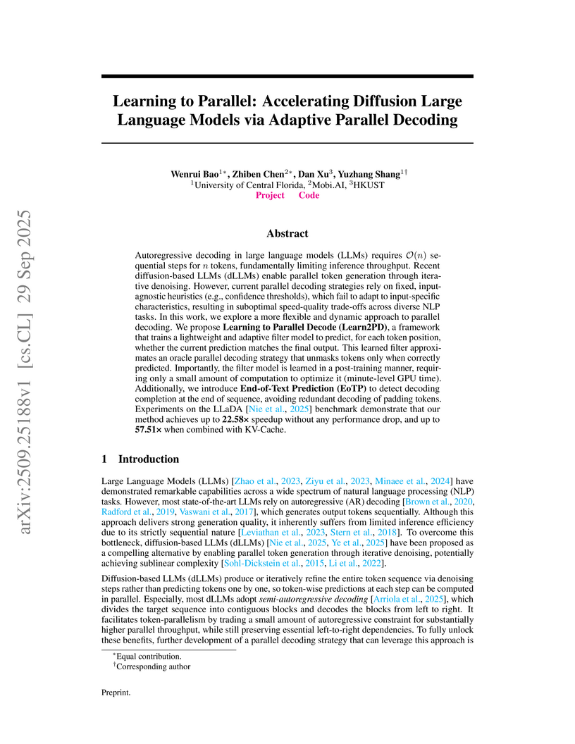 Learning to Parallel: Accelerating Diffusion Large Language Models via Adaptive Parallel ...