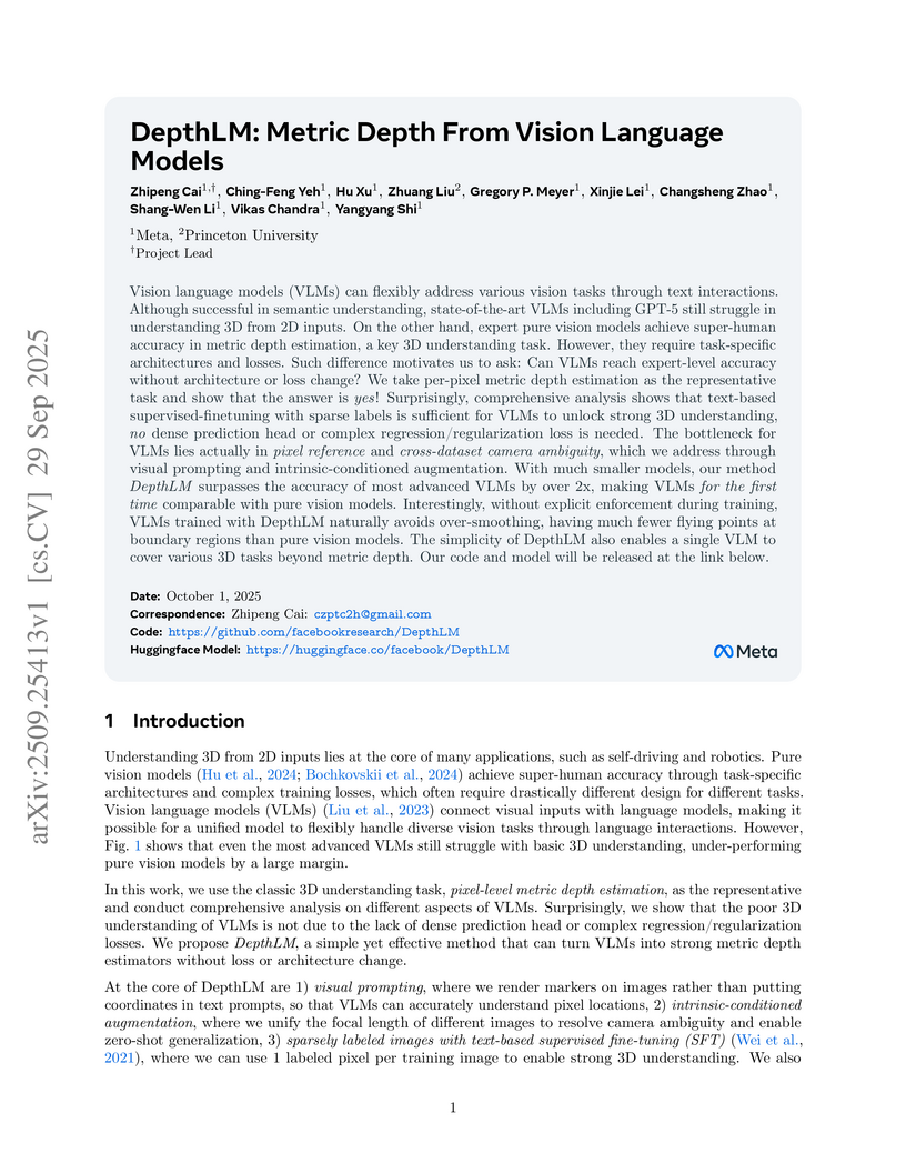 DepthLM: Metric Depth From Vision Language Models | alphaXiv