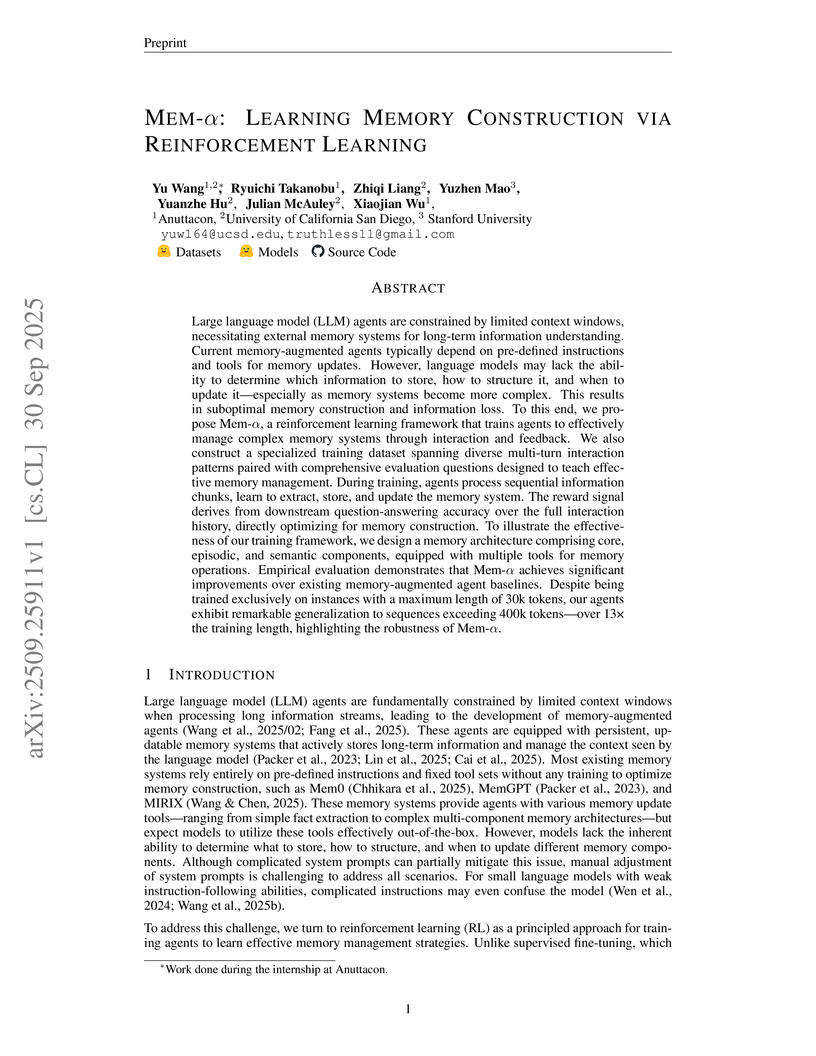 Mem-α: Learning Memory Construction via Reinforcement Learning | alphaXiv