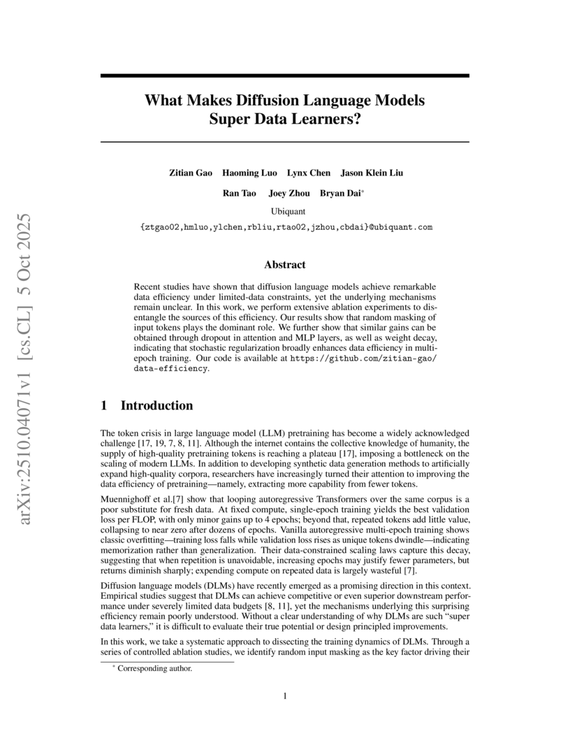 What Makes Diffusion Language Models Super Data Learners? | alphaXiv