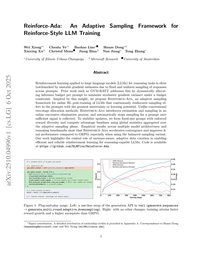 Reinforce-Ada: An Adaptive Sampling Framework for Reinforce-Style LLM Training | alphaXiv