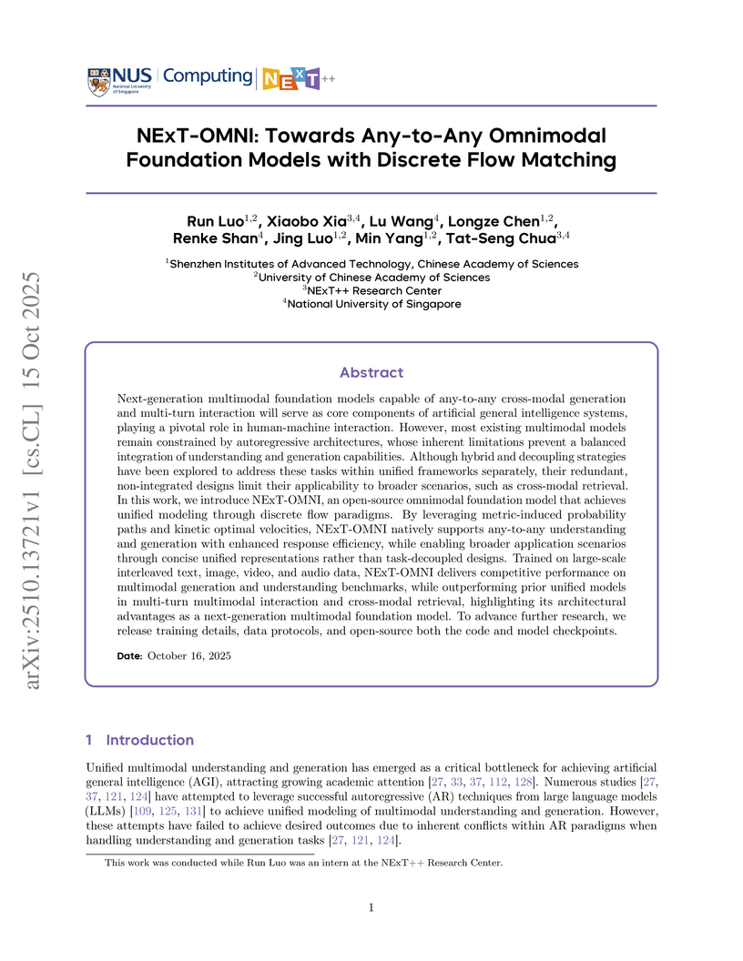 NExT-OMNI: Towards Any-to-Any Omnimodal Foundation Models with Discrete Flow Matching | alphaXiv