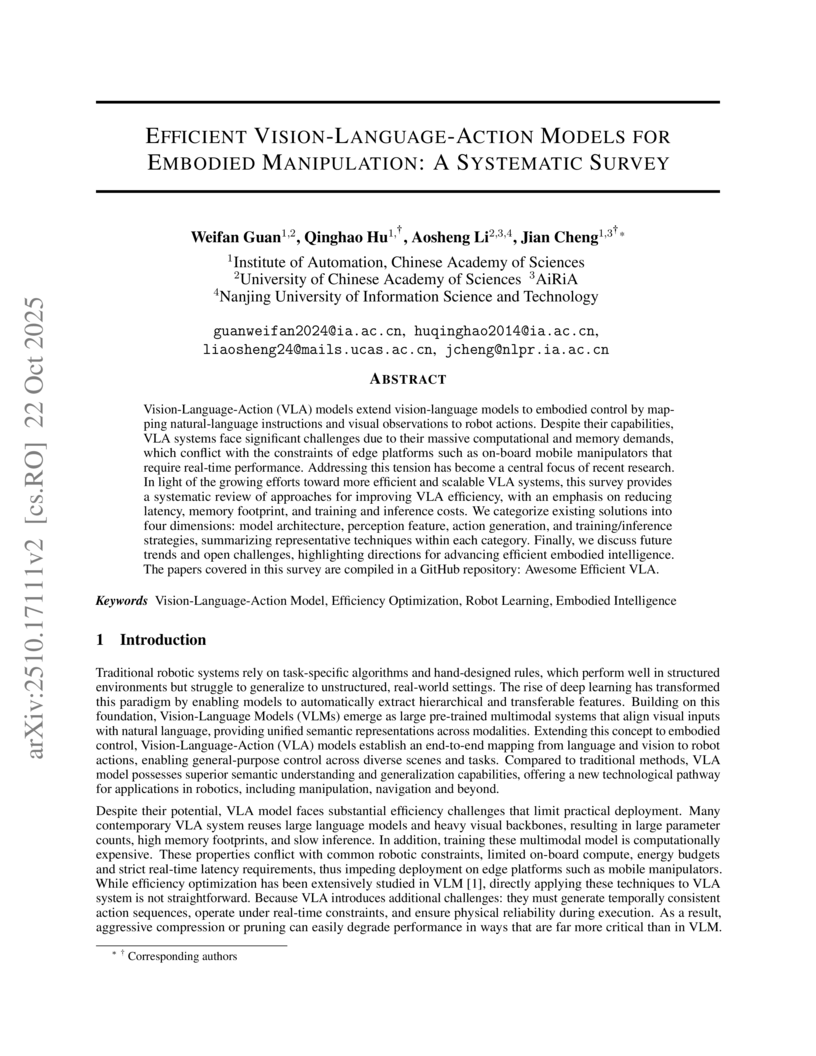 Efficient Vision-Language-Action Models for Embodied Manipulation: A Systematic Survey | alphaXiv