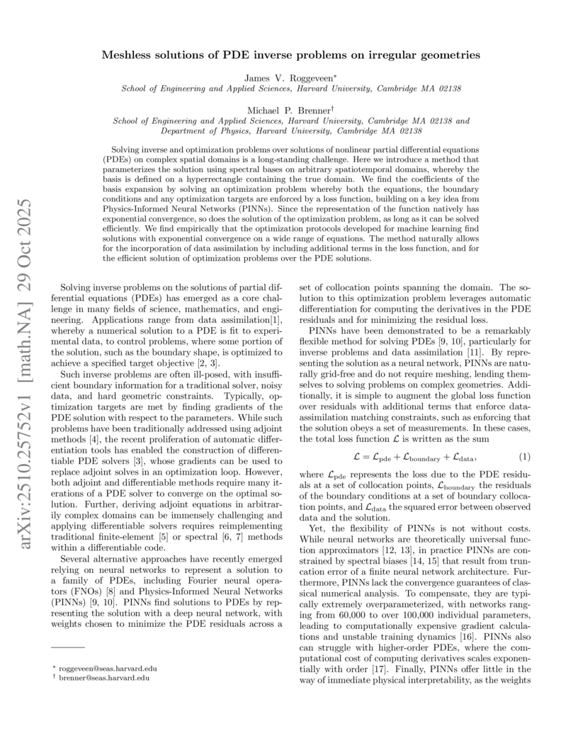 Meshless solutions of PDE inverse problems on irregular geometries ...
